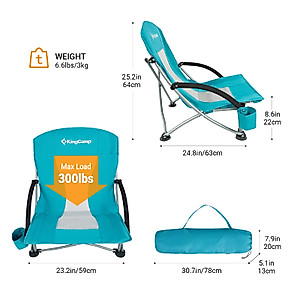 KingCamp Double Small Folding Portable Lightweight Low Sitting Sand Chair Beach Chairs for Adult with Cup Holder, Carry Bag Padded Armrest for Outdoor Beach Concert Traveling Festival BBQ