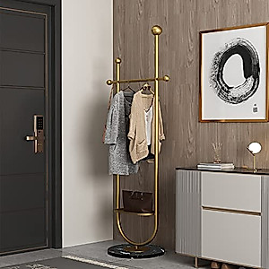 FJANKUI Metal Coat Rack Standing, Modern Floor Freestanding Coat Hanger Rack with Marble Base and Shelves, for Bedroom, Living room, Hallway, Entryway, Office and Shop (Gold)