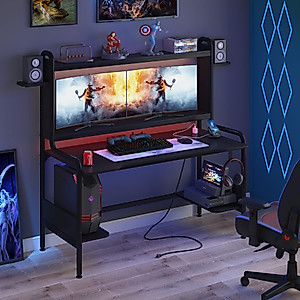TIYASE Gaming Desk with Monitor Stand & Power Outlet, 55 Inch Gaming Computer Desk with Hutch and Storage Shelves, Large PC Gamer Desk Workstation Gaming Table with Cup Holder, Headphone Hook,Black