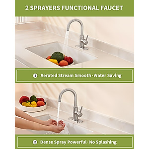 Tohlar Bar Sink Faucet Brushed Nickel, Single Handle Bathroom Faucet for Sink 1 or 3 Hole, Wet Bar/Pre-Kitchen Faucet with 4-Inch Deck Plate & Sprayer, Bathroom Sink Faucet with 360°Swivel Spout