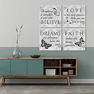 Canvas Wall Art Butterfly Grey Inspirational Quotes Love Dream Faith Believe Bathroom Bedroom Wall Decor Posters Picture Prints (12x12inch, Grey)