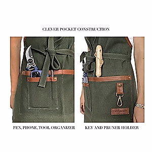 Garden Apron for Women Men, Gardening Apron with Pockets and Adjustable Leather Straps, Canvas Waist Kitchen Apron for Harvesting Weeding Gardening Cooking Baking, Gardener Gift Idea