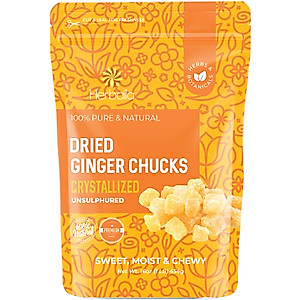 Dried Crystallized Ginger Chunks, 16 oz. Unsulphured Dried Ginger Candy, Candied Ginger Chunks, Caramelized Ginger Chews Candy, Unsulphured Crystalized Ginger Pieces. All Natural, Non-GMO, 1 Pound.