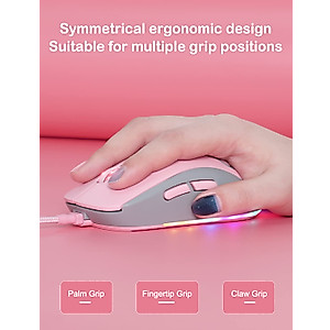 PHNIXGAM Cat Paw RGB Gaming Mouse, Silent Optical Computer Mice USB Wired with 6 Adjustable DPI Up to 7200, RGB Lighting, 6 Programmable Buttons for Windows/Vista/Linux (Pink)