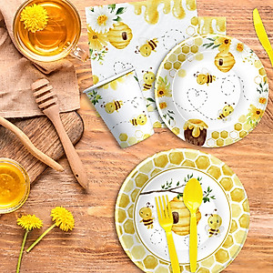 YJRJSC Bee Baby Shower Decorations Paper Plates And Napkins Party Supplies - Bee Birthday Party Decorations Tableware, Plate, Cup, Napkin, Fork, Bumble Theme Bee Day Decorations Dinnerware | Serves 24