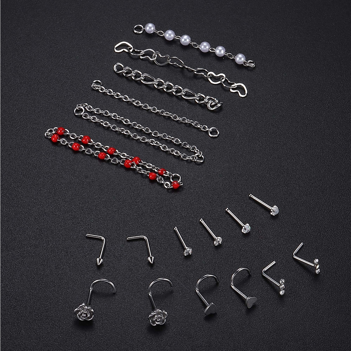 TEN MIRO Nose Chain Piercing Across Nose Surgical Steel Nostril Piercing Jewelry CZ L Shaped Nose Studs and Heart Chain 20g Nose Chain Piercing for Women(3.8MM)