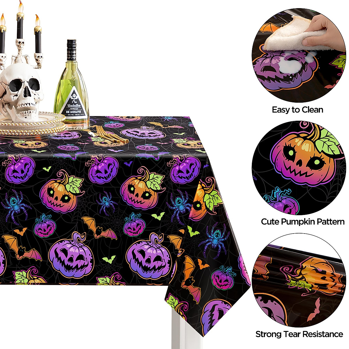 joycloth 3 Pack Halloween Tablecloths, 54 x 108 Inch Disposable Plastic Spiderweb Table Covers with Cute Pumpkin Bat Happy Halloween Party Supplies for Kids Halloween Party