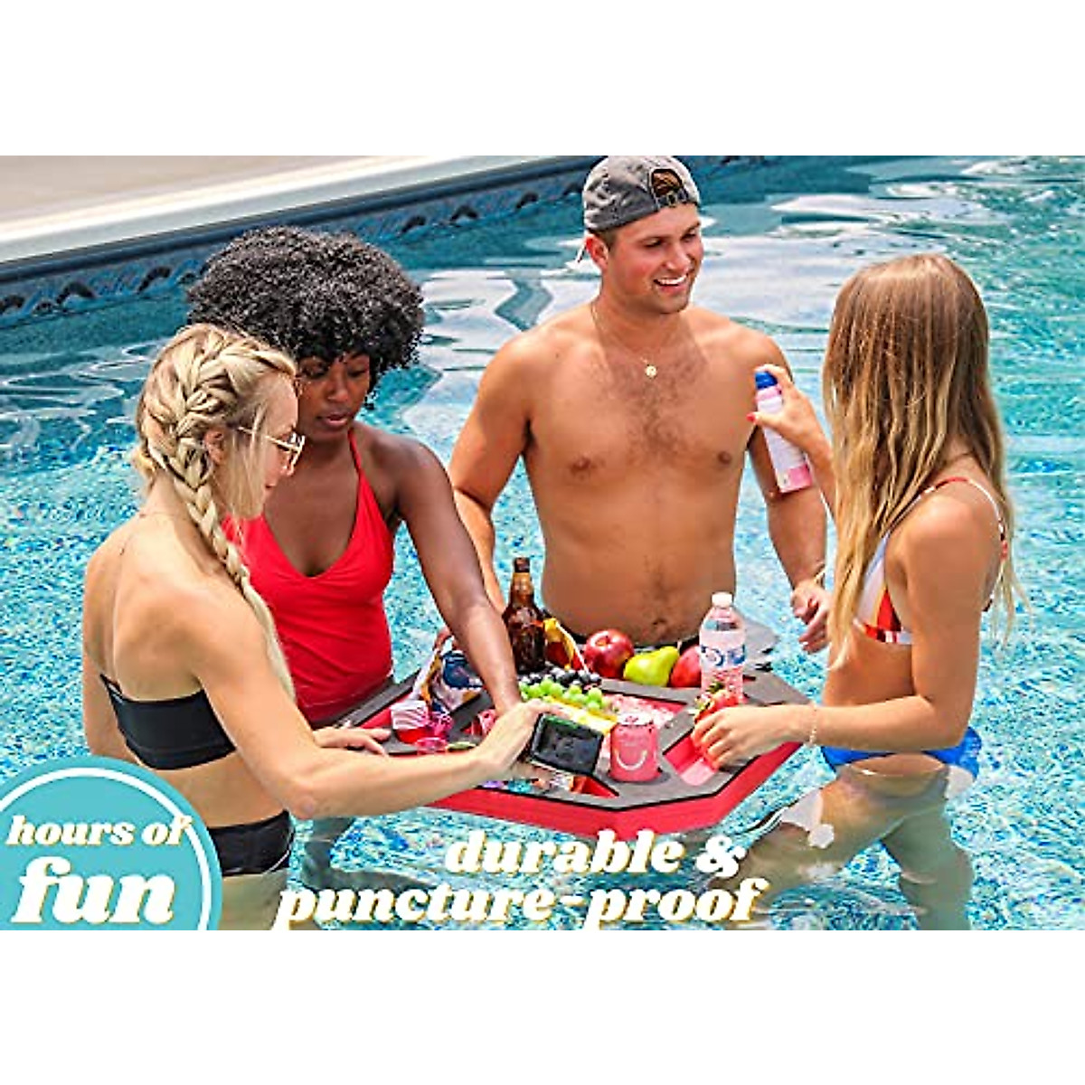 Polar Whale Large Floating Spa Hot Tub Bar Drink and Food Table Red and Black Refreshment Tray for Pool or Beach Party Float Lounge Durable Foam 23.5 Inches 9 Compartment UV Resistant