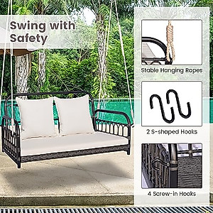 Tangkula Outdoor Wicker Porch Swing, 2-Person Hanging Seat with Seat & Back Cushions, Heavy-Duty Metal Frame & 2 Sturdy Hanging Ropes, Wicker Woven Swing Loveseat for Front Porch