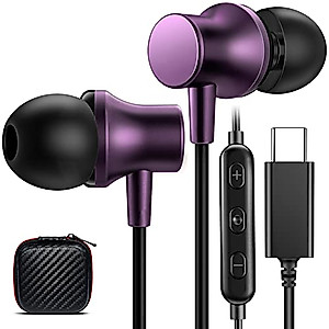 COOYA USB C Headphone, USB Type C Earphones Black+Purple 2 Pair of Wired Earbuds for Pixel 7 6a 6 Pro Magnetic Noise Canceling in-Ear Headset with Mic for iPad Pro Samsung Galaxy S22 Ultra S21 S20 FE