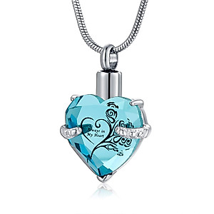 RIMZVIUX Light Blue Crystal Heart Urn Necklace for Ashes Cremation Jewelry Always In My Heart Ashes Keepsake Birthstone