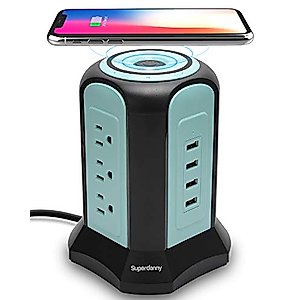 Power Strip Tower Wireless Charger, SUPERDANNY Surge Protector Tower, 10A 1080J Charger Station with 9 Outlets & 4 USB Ports, Extension Cord 10ft for Laptop Phone Black and Blue