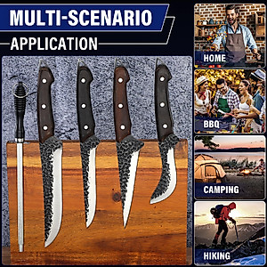 TAN REN Boning Knife Set, 6PCS Butcher Knife Set for Meat Cutting, Hand Forged Skinning Set with Sharpening Rod, High Carbon Steel Meat Trimming Knife for Kitchen & Outdoor, Christmas Gift for Men