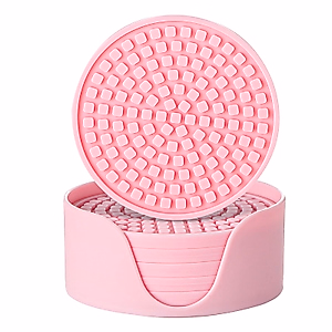 Colinda Silicone Drink Coasters with Holder, Set of 6, for Tabletop Protection and Office Desk, Cup Mat Set for Home Decor, Non-Slip and Non-Stick,Round, 4 Inch,Pink