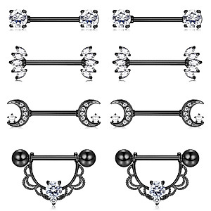 FINREZIO 4Pairs 14G Nipple Rings 316L Surgical Steel Moon Flower Nipple Tongue Ring Barbell Piercing for Women Body Piercing Jewelry