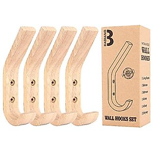 Pack of 4 Wooden Wall Hooks, Decorative Natural Wood Coat Hanger, Mounted Towel Rack for Hanging Jacket, Bags, Backpacks, Mugs, Keys, Fishhook-Shaped Hat Organizers for Entryway, Living Room (Natural)