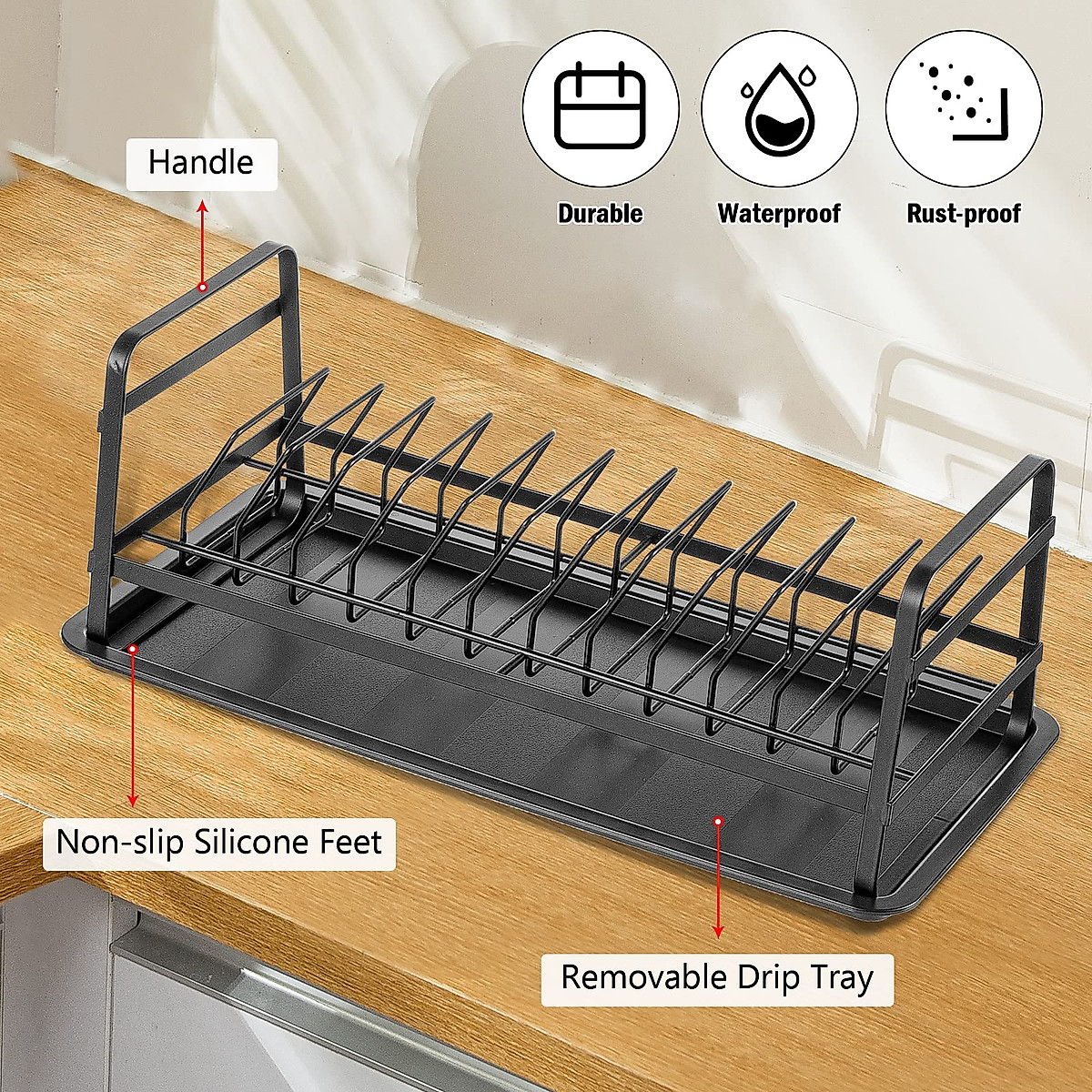 Poeland Dish Drying Rack with Drain Pan, Plate Pot Lid Holder and Dish Drainer for Kitchen Counter Cabinet