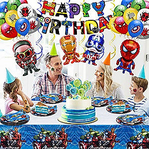 115 Pcs of Superhero Party Decorations, Superhero Birthday Decorations for Girls and Boys Birthday Party Supplies with Superhero Plates Tablecloth Banner, Balloons, Stickers, Hanging Decorations