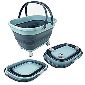 SAMMART 17L(4.5 Gallon) Collapsible Basket with Handle-Portable Outdoor Picnic Basket/Crater with 360˚ Rotating Wheels-Foldable Shopping Bag-Space Saving (Lake Blue/Leaf Blue)