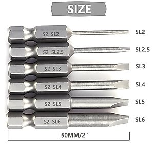 Saipe 12 Pieces Magnetic Slotted Screwdriver Bit Set, 1/4 Inch Hex Shank Flat Head Drill Bits Insert Bits 2 Inch Length, SL2/2.5/3/4/5/6 Impact Driver Bit for Power Drilling, Set of 2