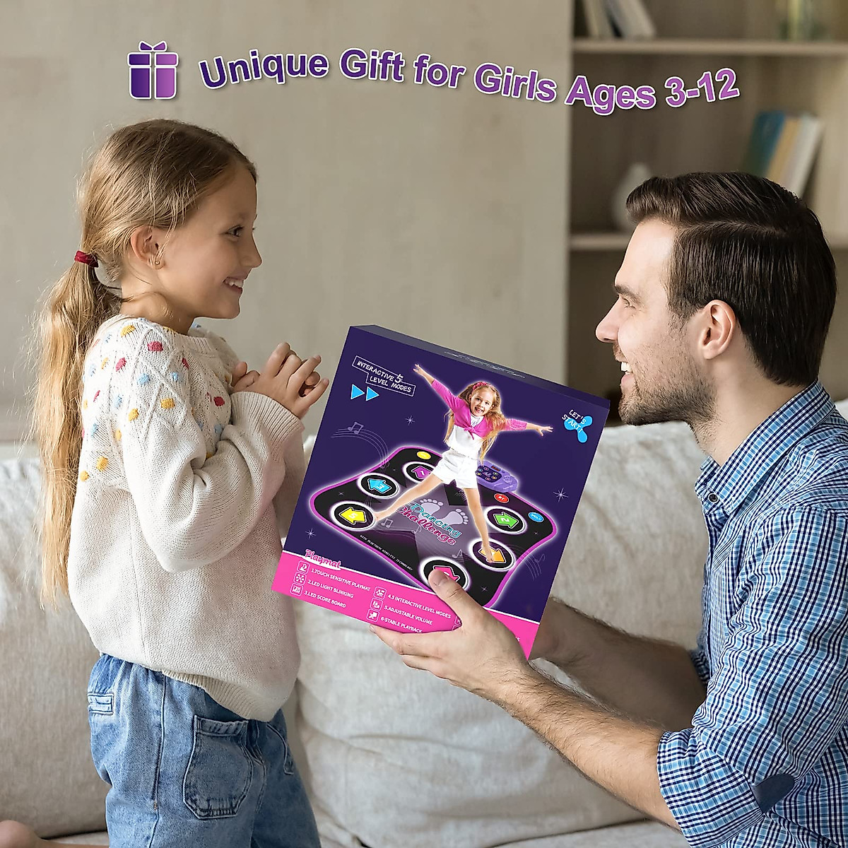 Flooyes Dance Mat Toys for 3-12 Year Old Kids, Electronic Dance Pad with Light-up 6-Button Wireless Bluetooth, Music Dance with 5 Game Modes, Birthday Toys Gifts for 3 4 5 6 7 8 9 10+ Year Old Girls
