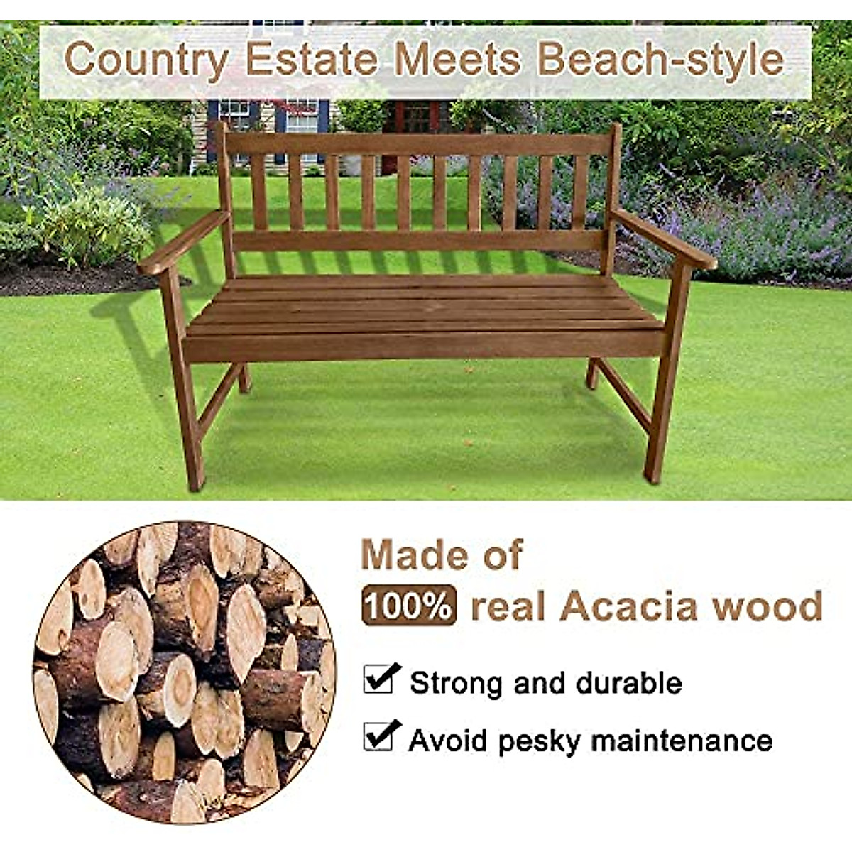 700 LBS Outdoor Garden Bench, Sturdy Acacia Wood Patio Bench, Front Porch Chair with Armrests, Best Bench for Park Yard Patio Pool Deck Balcony Lawn Decor, Natural Oiled (48" W x 22" D x 33" H)
