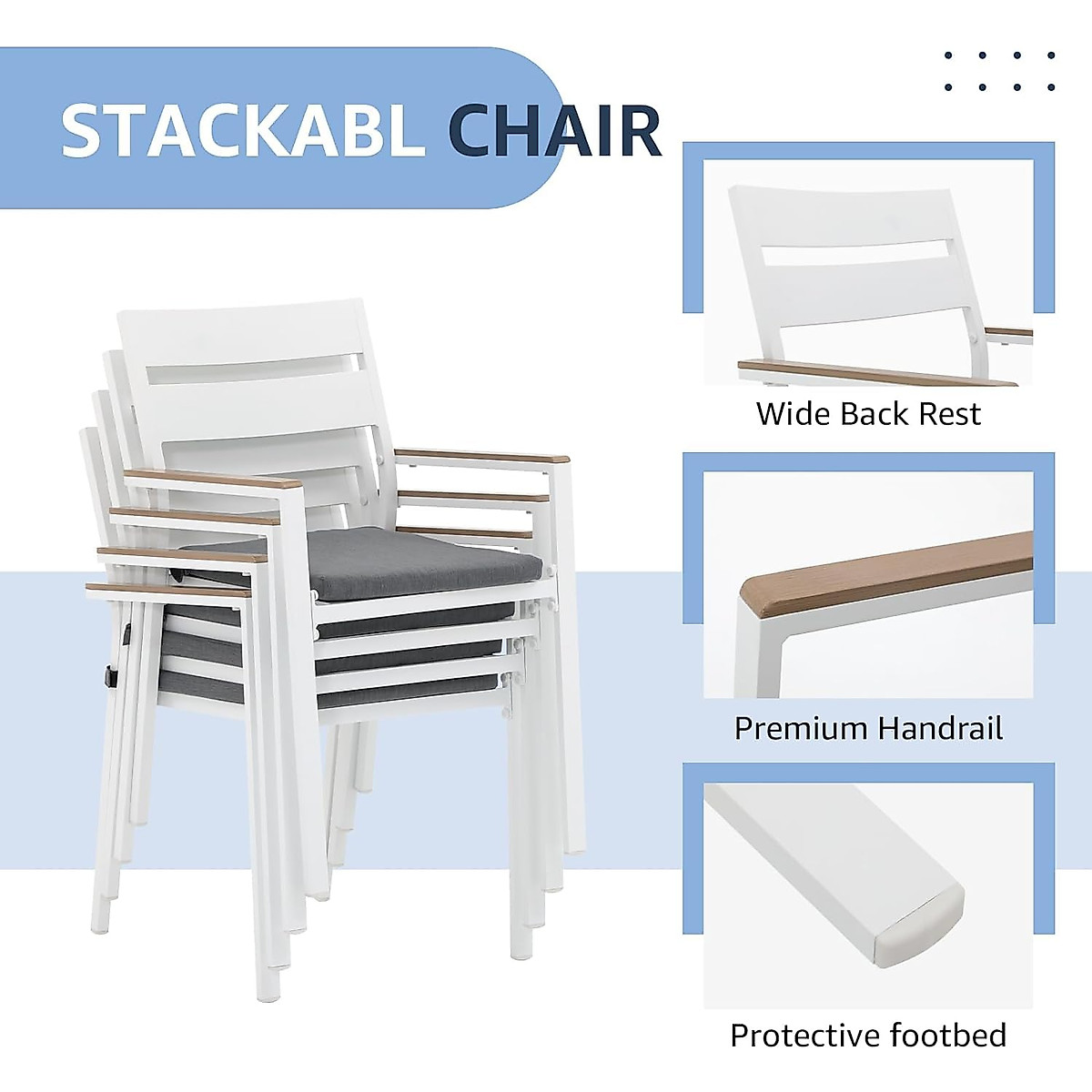 OC Orange-Casual 5 Piece Aluminum Patio Dining Set, Outdoor Furniture Set with 4 Stackable Cushioned Chairs and Round Weather Resistant Table w/Umbrella Hole for Deck, Backyard, Poolside(Grey)