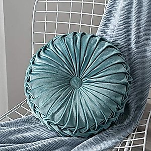 MOCOFO 14" Velvet Pleated Round Pumpkin Throw Pillow Couch Cushion Floor Pillow for Sofa Chair Bed Car Home Decorative (Light Blue)