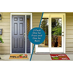 Gertmenian Mickey Mouse Coir Front Door Mat (2-Pack), Outdoor Mats for Home Entrance, Retro Welcome Mat, Disney Home Decor, 20" x 34" Each, Red Brown Welcome Merry Grinchmas, 19594