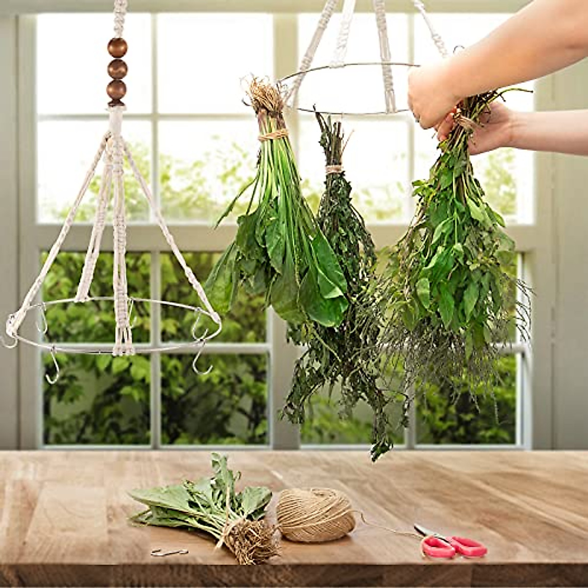 2 Pcs Hanging Drying Rack for Herbs - Macrame Mobile Flower Drying Hanger with 20 Herb Dryer Hooks, Boho Handcrafted Cotton Rope Chic Woven Herbal Drier with Wooden Hanging Ring for Hydroponic Plants