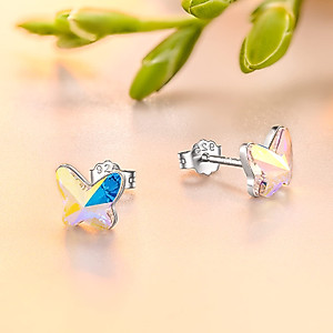 ANGEL NINA Butterfly Earrings for Women Sterling Silver Stud Crystal Hypoallergenic Women Jewelry Birthday Gifts Aurora Borealis