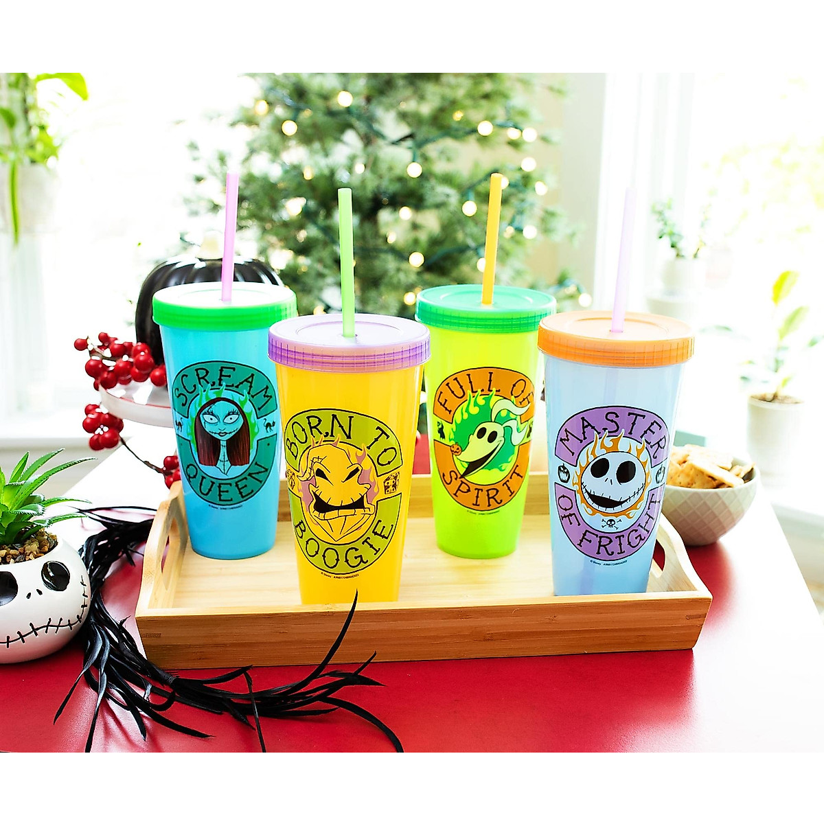 Disney The Nightmare Before Christmas Townsfolk Color-Changing Plastic Tumbler Cups, Set of 4 | Include Reusable Straw and Leak-Resistant Lid