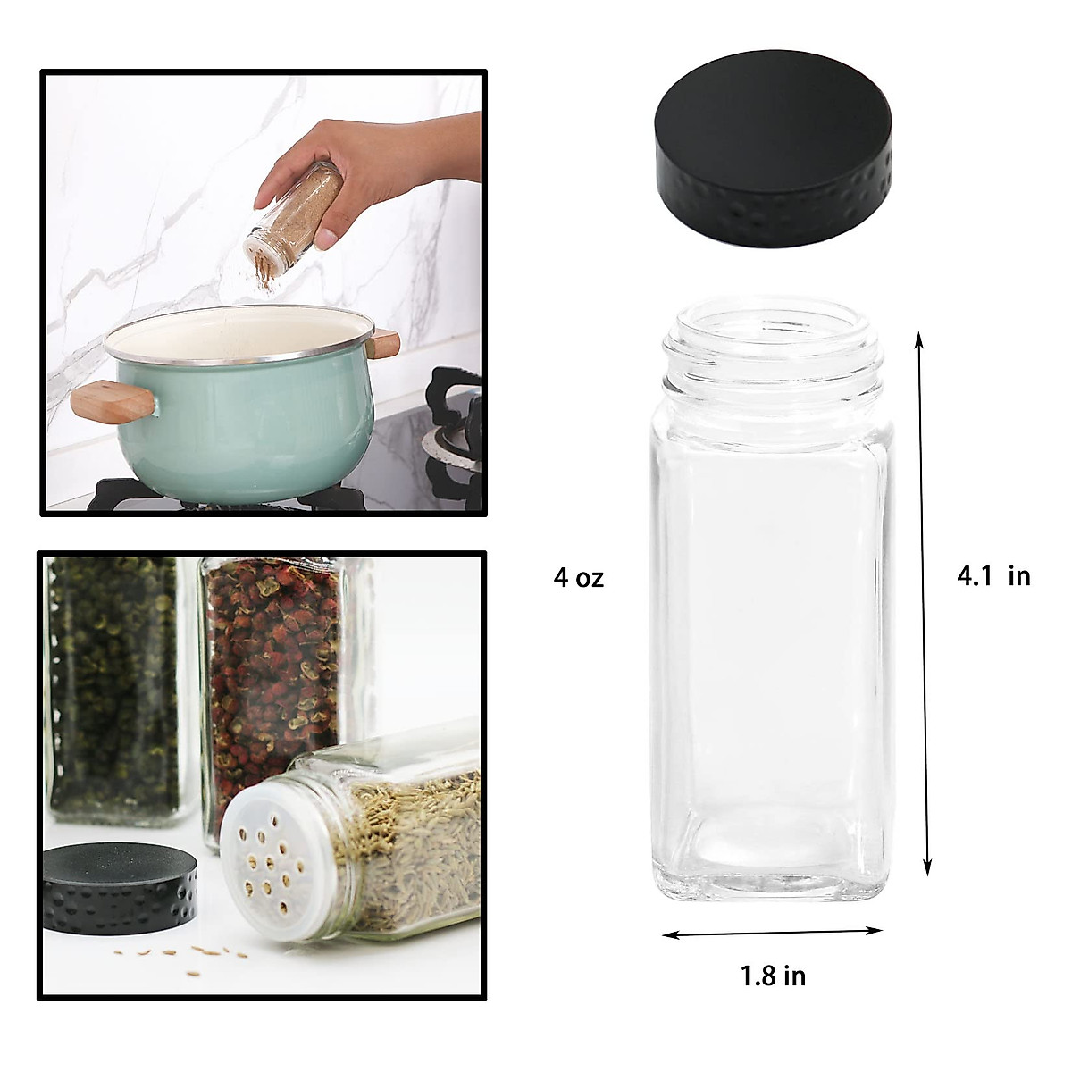 6pcs Black Spice Jars, 4 oz Glass Seasoning Bottles, Spices Container, Empty Spice Jars , Square Spice Bottles with Airtight Plastic Caps with Shaker Lids
