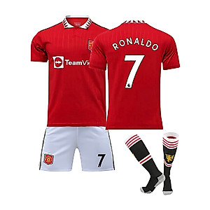 Manchester Ronaldo Red Home Soccer Kids Set (Jersey + Shorts + Socks) Kit Size Medium (8-9 Years Old) for Youth