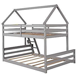 House Bunk Bed Twin Over Full, Low Bunk Bed Frame with Roof, Guardrail, Ladder, Solid Wood Bunk Bed for Kids, Teens, Girls & Boys Bedroom Furniture (Gray, Convertible Into 2 Separate Beds)