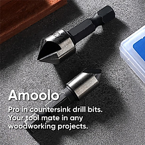 amoolo Countersink Drill Bit Set 4pcs (1/4”-1/2”), Countersink Bits for Wood, Hex-Shank Quick Change 82 Degree Counter Sinker Drill Bit for Woodworking, Fiberboard, Plywood, Plastic, PVC