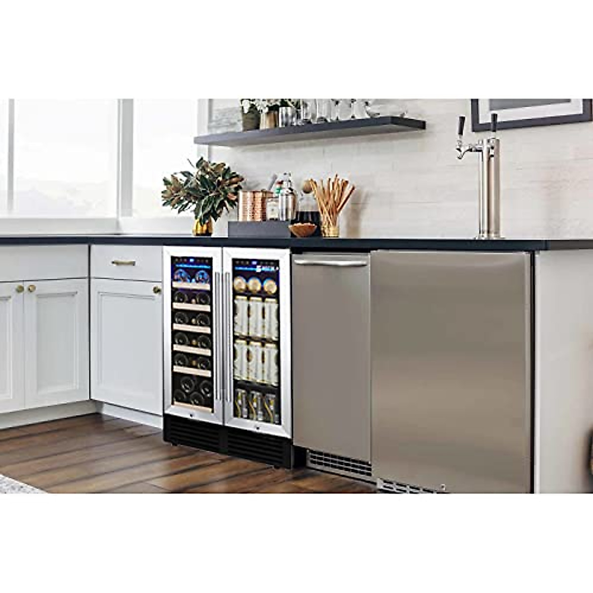 Beverage and Wine Refrigerator, Freestanding or Built-in 24 inch Wine Fridge Dual Zone Wine Cooler with Tempered Glass Door and Temperature Memory Function Wine Cellars for 19 Bottles and 57 Cans