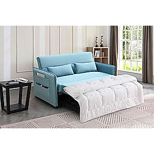 Cotoala Modern Velvet Convertible Loveseat Sleeper Sofa with Adjustable Pull Out Bed w/Arms & Two Side Pockets, Two Lumbar Pillows, 2 Seat Couch Living Room and Apartment, Blue
