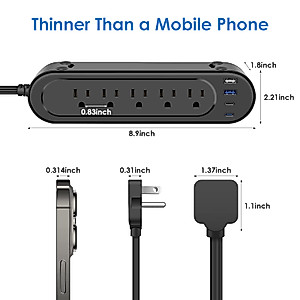 JUNNUJ 20W USB C Power Strip Thin Flat Plug 10 Outlets, Lay Flat Surge Protector 1200J, Wall Mount Power Strips with 18W USB A, Low Profile Outlet with Switch, Ultra Slim Flat Plug Extension Cord 6FT