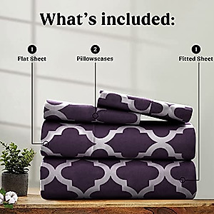 Lux Decor Full Size Bed Sheets Set, 4-Pc, Breathable Hotel Style Sheets, Microfiber Sheets Deep Pockets, Easy-Fit, Soft & Wrinkle Free Oeko-Tex Quatrefoil Bed Sheets (Full, Purple)