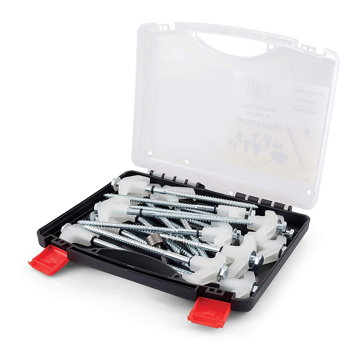 amazama Tent Stakes - 16 Heavy-Duty Ground Screw Anchor Pegs - Galvanized - Non Rust - Perfect for Yard, Garden, Awning & Canopy - Glow-in-The-Dark Tops - Hex Tool & Carry Case - Gazebo - Accessories