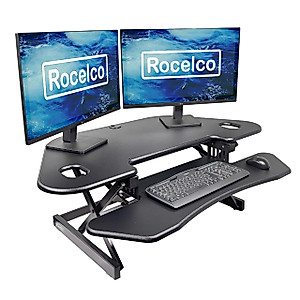 Rocelco 46" Height Adjustable Corner Standing Desk Converter, Quick Sit Standup Dual Monitor Riser, Gas Spring Assist Tabletop Computer Workstation, Large Keyboard Tray, (R CADRB-46), Black