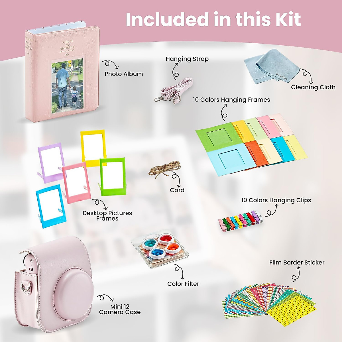 FujiFilm Accesories Pack, Includes Photo Album, Camera Case, Camera Strap, 60 Exposures Film Value Pack & Cleaning Cloth - Blush Pink (Camera Not Included)