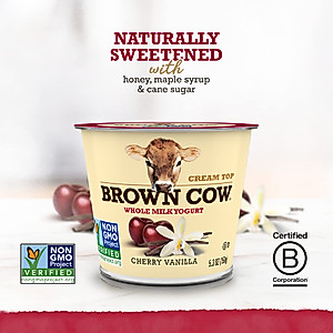Brown Cow Cream Top Cherry Vanilla on the Bottom Whole Milk Yogurt, 5.3 oz. Cup - Creamy, Delicious Yogurt