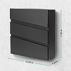 YOOBOX Wall-Mount Mailbox with Lock and Keys, Security Key Drop Box for House Outside, Locking Postbox, Steel Metal Rust-Proof Mail Box, 11.02 x 11.02 x 4.33 Inch, Black, MD002