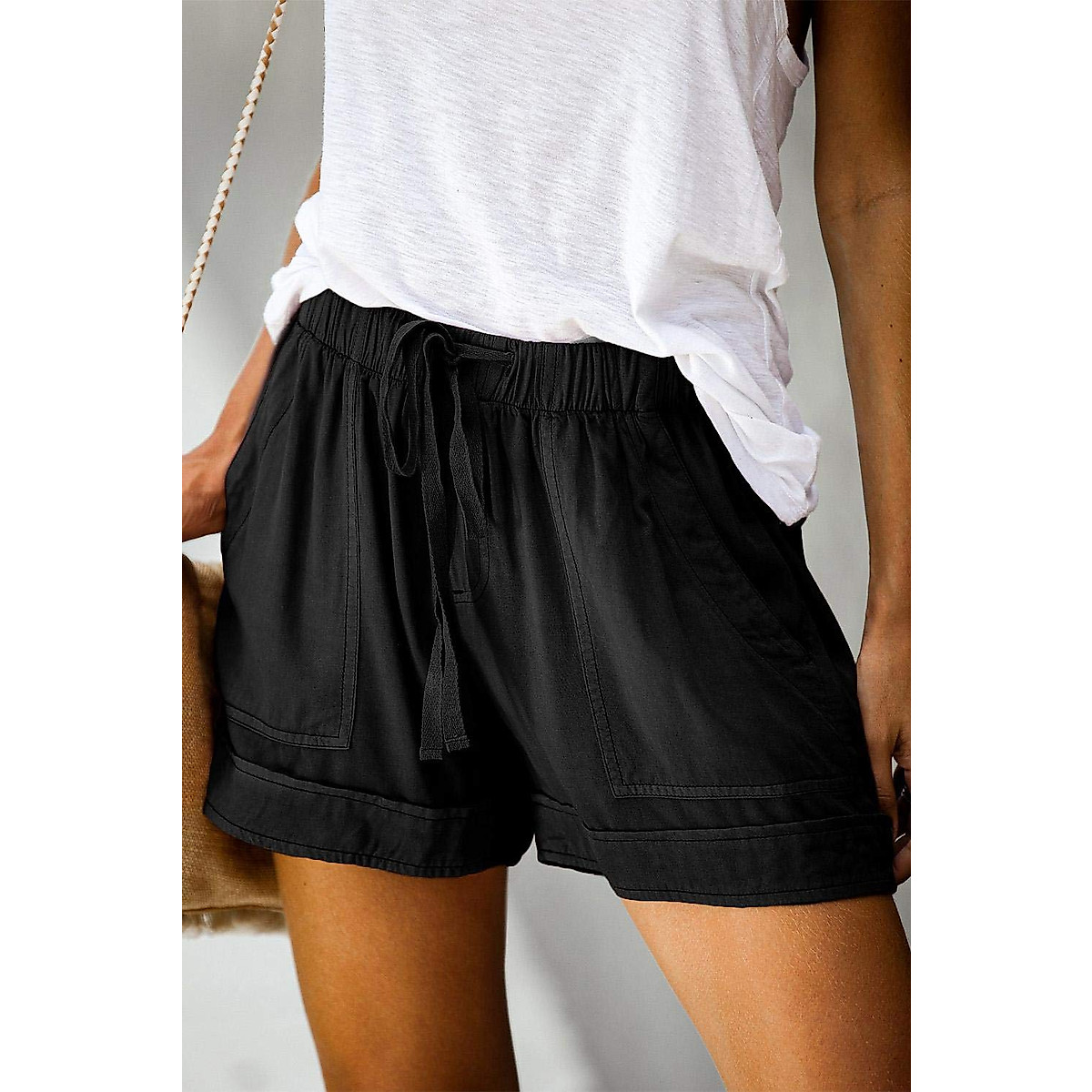 QACOHU Womens Casual Drawstring Elastic Waist Comfy Cotton Linen Shorts Black L Ladies Shorts Sets Outfits Casual