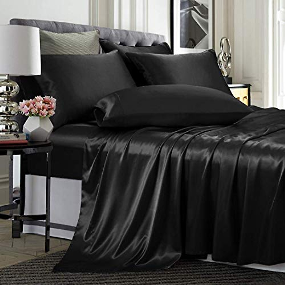 Ultra Soft Silk Like Satin 8 Piece Comforter Set ( Comforter + Duvet Cover + Flat Sheet + Fitted Sheet 15" Deep Pocket + 4 Pillow Cases ) Bedding Set Black , King