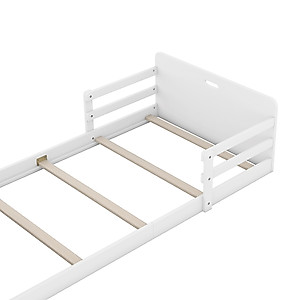 Harper & Bright Designs Twin Size Floor Bed with Storage Footboard and Guardrail, Montessori Floor Bed Twin Bed Frame for Kids, Wood Platform Bed with Headboard, White