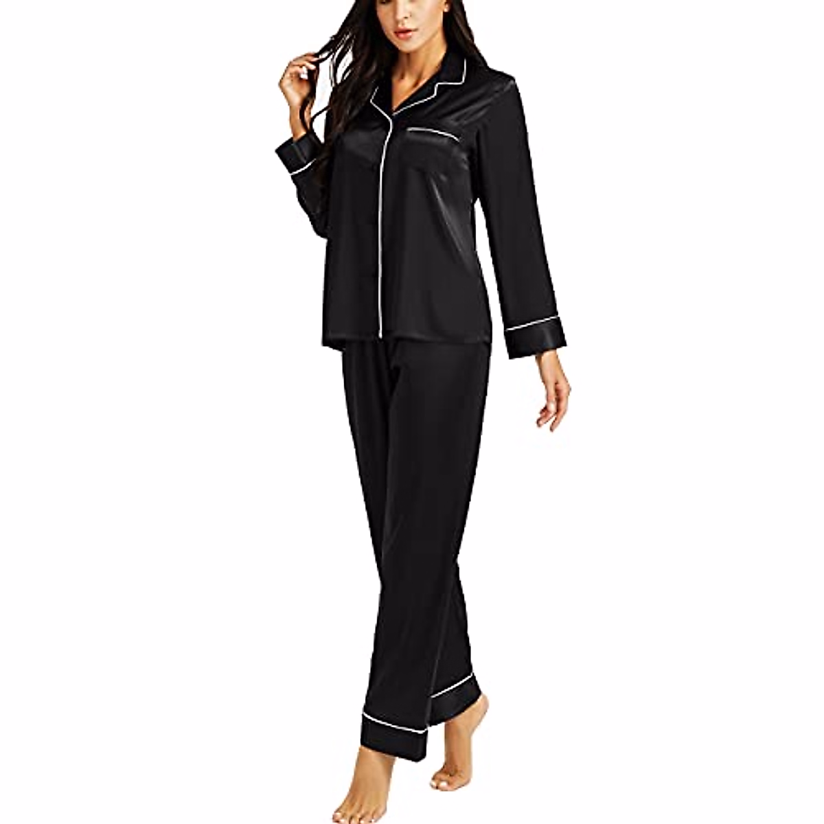 Womens Silk Satin Pajamas Set Sleepwear Loungewear Black L
