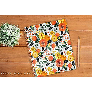 Steel Mill & Co Cute Large Spiral Notebook College Ruled, 11" x 9.5" with Durable Hardcover and 160 Lined Pages, Orange Floral
